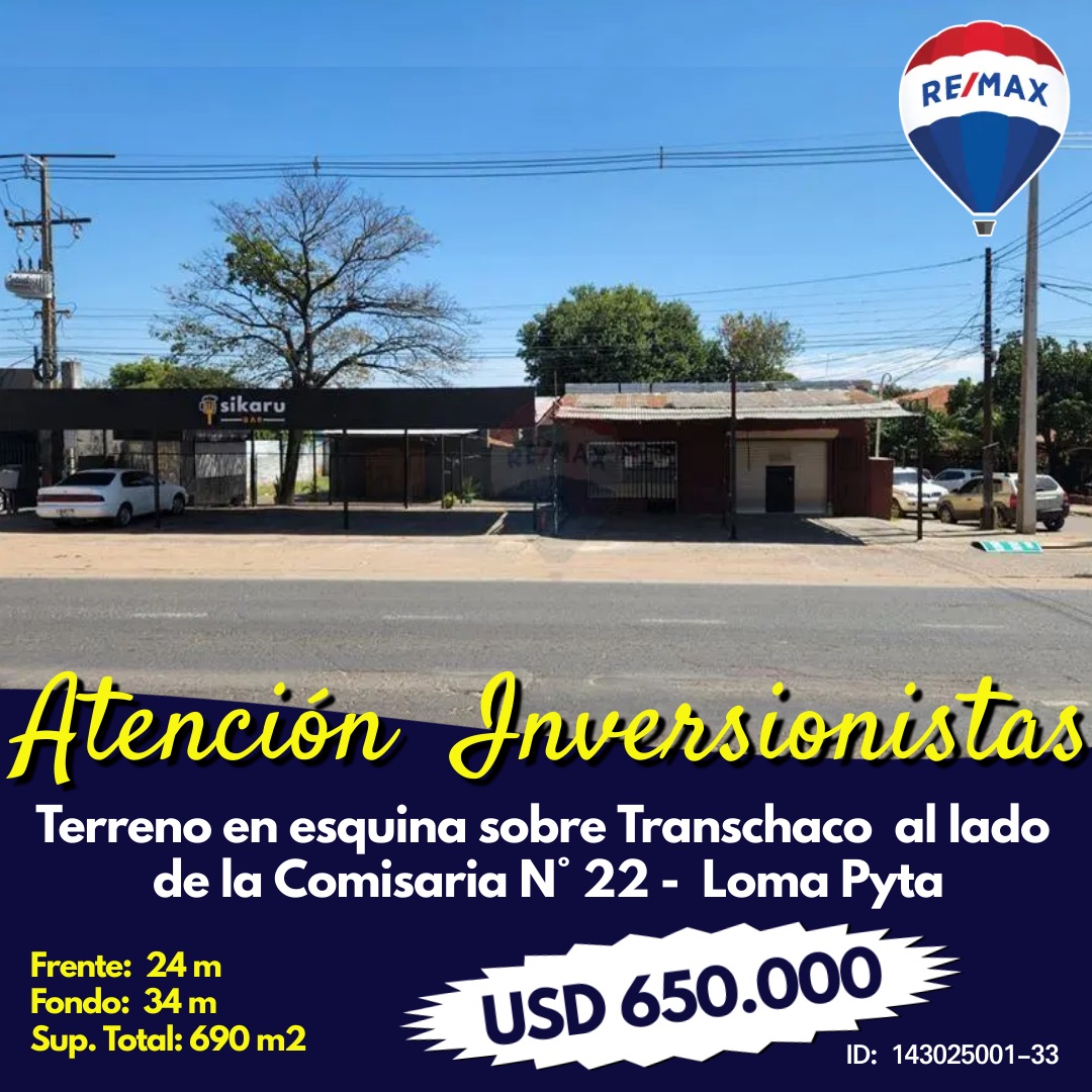 VENDO TERRENO EN ESQUINA SOBRE LA RUTA TRANSCHACO. BARRIO LOMA PYTA. Ref #L9E340 - infocasas.com.py